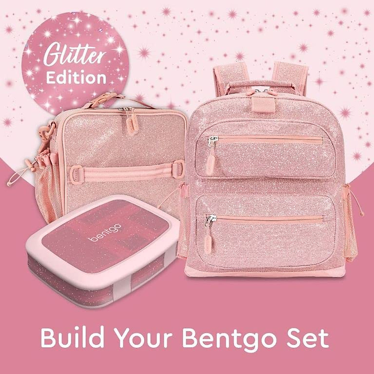 Bentgo® Kids 5-Compartment Lunch Box - Glitter Design for School, Ideal for Ages 3-7, Leak-Proof, Drop-Proof, Dishwasher Safe, & Made with BPA-Free Materials (Glitter Edition - Petal Pink)