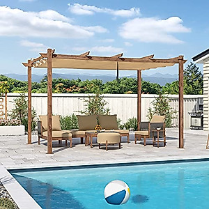 PURPLE LEAF 10' x 13' Outdoor Retractable Pergola with Sun Shade Canopy Patio Metal Shelter for Garden Porch Beach Pavilion Natural Wood Grain Frame Gazebo Modern Yard Grill Pergola