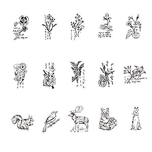 15pcs Wooden Rubber Stamps Animals and Plants Patterns Stamps Set for DIY Craft Card Scrapbooking Supplies