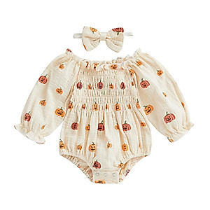 2pcs Infant Baby Girls Romper Dress Headband Long Sleeve Flowers Newborn Boho Girl Outfit Jumpsuit Clothes (Beige-Pumpkin, 12-18 Months)