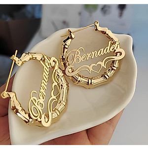 HAOQINA Custom Name Earrings Personalized Bamboo Hoop Earrings 18K Gold Plated Customize Earrings for Women Hip-Hop Fashion Jewelry Gift