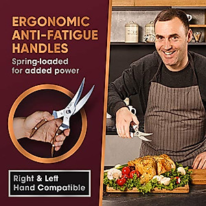 Heavy Duty Poultry Shears | Food Grade Stainless Steel Scissors for Bone, Chicken, Meat, Fish, Seafood, Vegetables | Anti-Rust Ergonomic Spring Loaded Food SHEAR | Built-In Lock |(Brown Wood Handles)