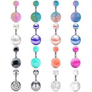 Longita 16pcs Belly Button Rings Short Bar 6mm 1/4" Stainless Steel 14g Pearl Colorful Rubber Ball Belly Ring Navel Piercing Jewelry Pack