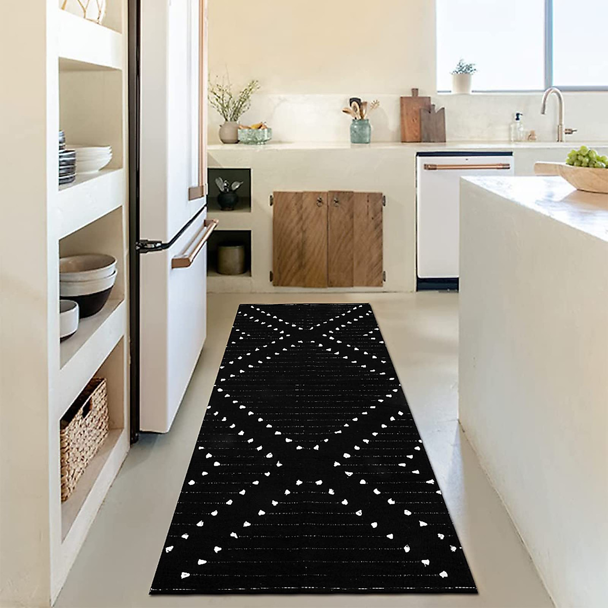 HAOCOO Moroccan Washable Runner Rug, 2’x6’ Modern Geometric Hallway Runner Rug,Woven Cotton Diamond Kitchen Runner Rug Floor Carpet Black Area Rugs for Entryway Bedroom Laundry Room Living Room