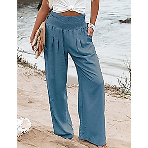 Zontroldy Cotton Linen Wide Leg Pants for Women Casual Elastic High Waist Smocked Palazzo Lounge Pants(0718-DenimBlue-XL)