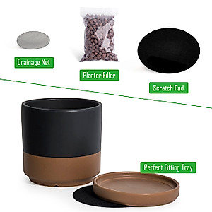 D'vine Dev 6 Inch Ceramic Planter Pot with Drainage Hole and Saucer, Indoor Cylinder Round Planter Pot, Black/Speckled Tan, 94-O-S-7