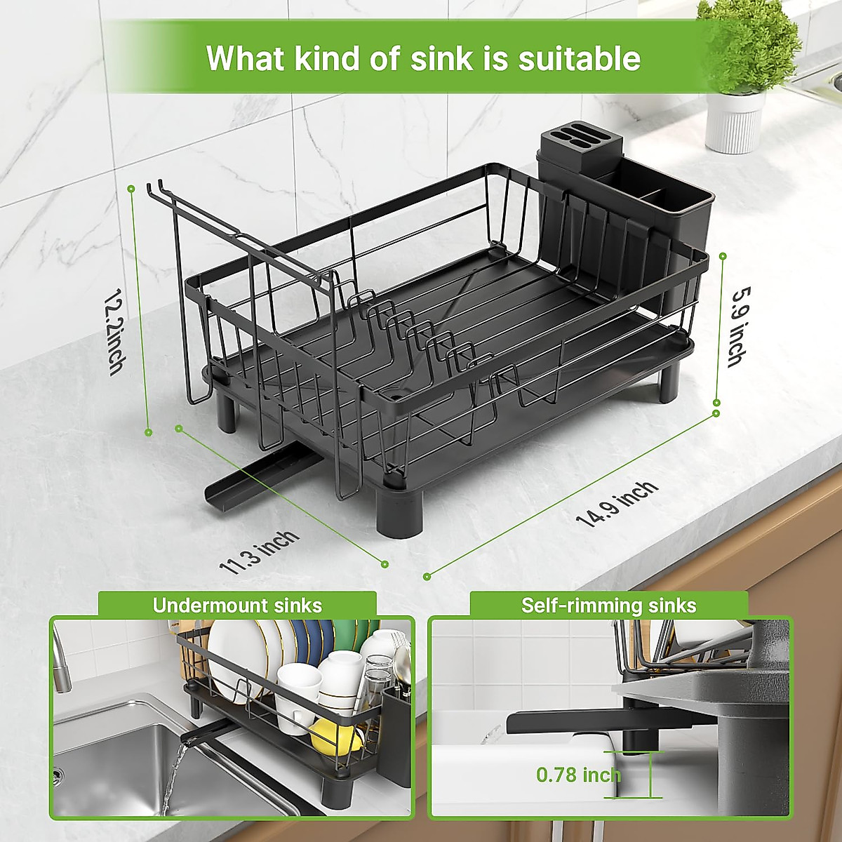Dish Drying Rack - Stainless Steel Dish Rack for Kitchen Counter, Dish Drainer with Utensil Holder, Space-Saving, Rust-Resistant Dish Rack for Dishes, Glasses, and Cutting Board, 12''W x 15''L, Black