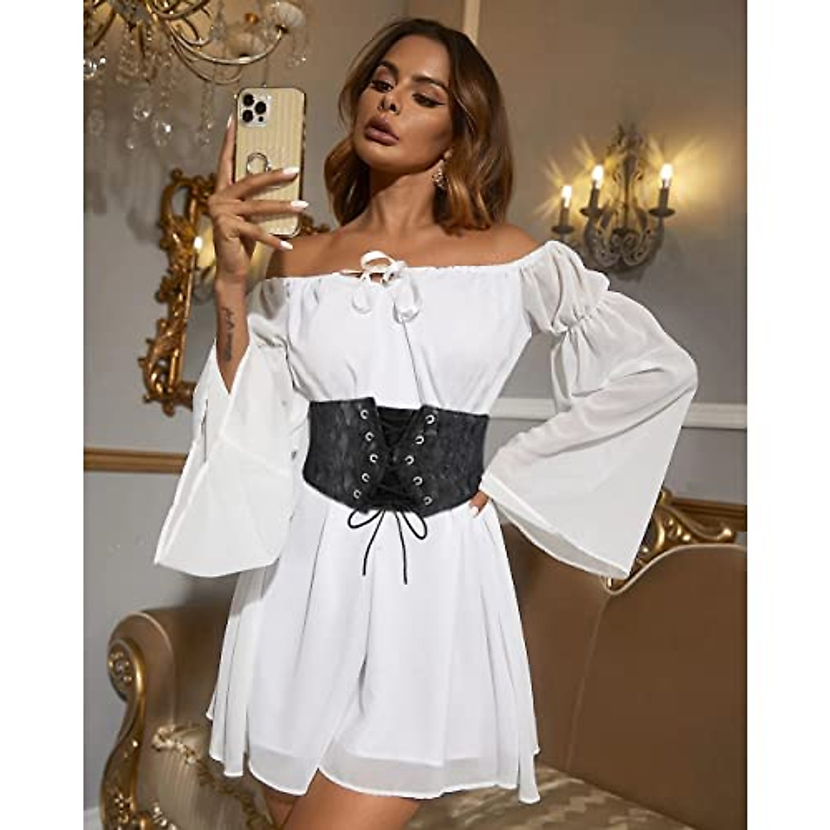 Glamorstar Corset Belt for Women Lace up Leather Belt Wide Waist Belt Elastic Tied Waspie Belt for Dresses Lace Black 27.5IN/70CM