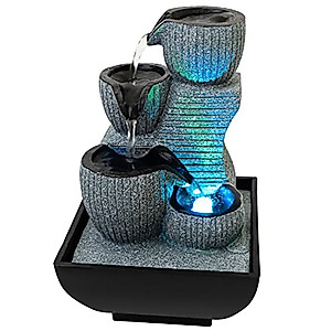 Desk Fountain-Tabletop Water Fountain-Indoor Fountain for Home Office Decor-4 Tier-Waterfall Fountain with Color Lighting-Relaxation Feng Shui Decor Gray