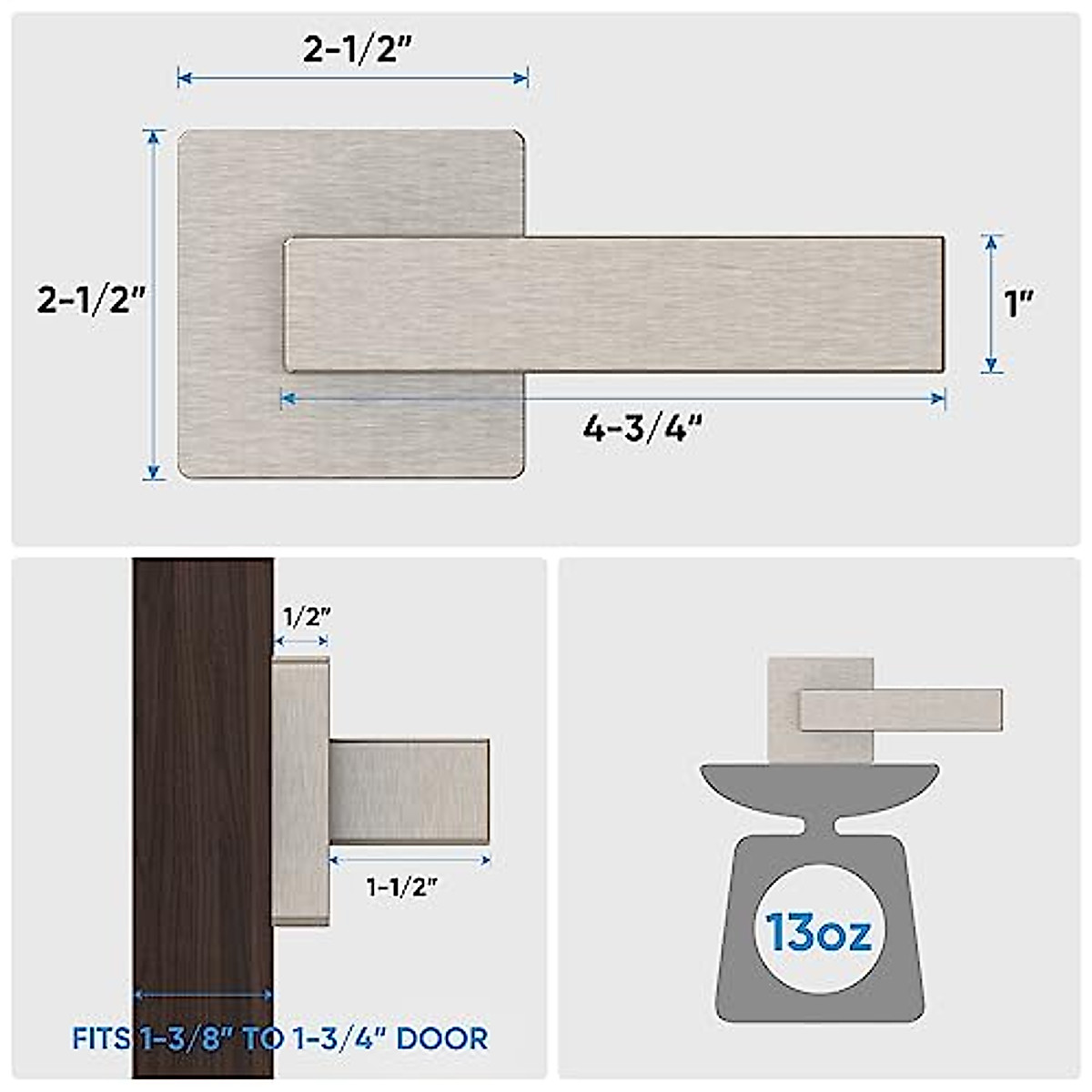 TICONN 2Pk Door Handle Heavy Duty, Reversible Square Door Lever for Bedroom, Bathroom and Rooms (Satin Nickel, Dummy - Front Mount, 2 Pack)