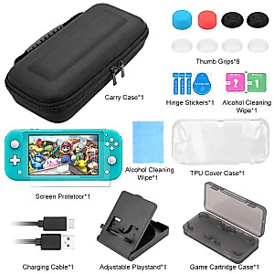 Switch Accessories Kit 17 in 1 for Nintendo Switch Lite, with Switch Carrying Case, Cover Case, Screen Protector Glass, Gaming Card Case, Joy-Con Thumb Grip Caps, Charger Cable, Adjustable Stand