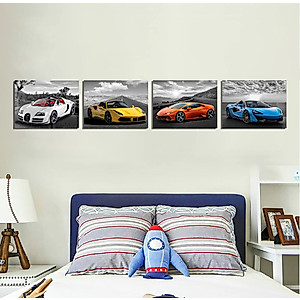 Car Wall Art Car Poster Framed Canvas Wall Art for Bedroom Living Room Boys Bedrooom Man Cave Room Decor Framed Canvas Print Farmhouse Decor Lamborghini Mclaren Posters 4 Pieces