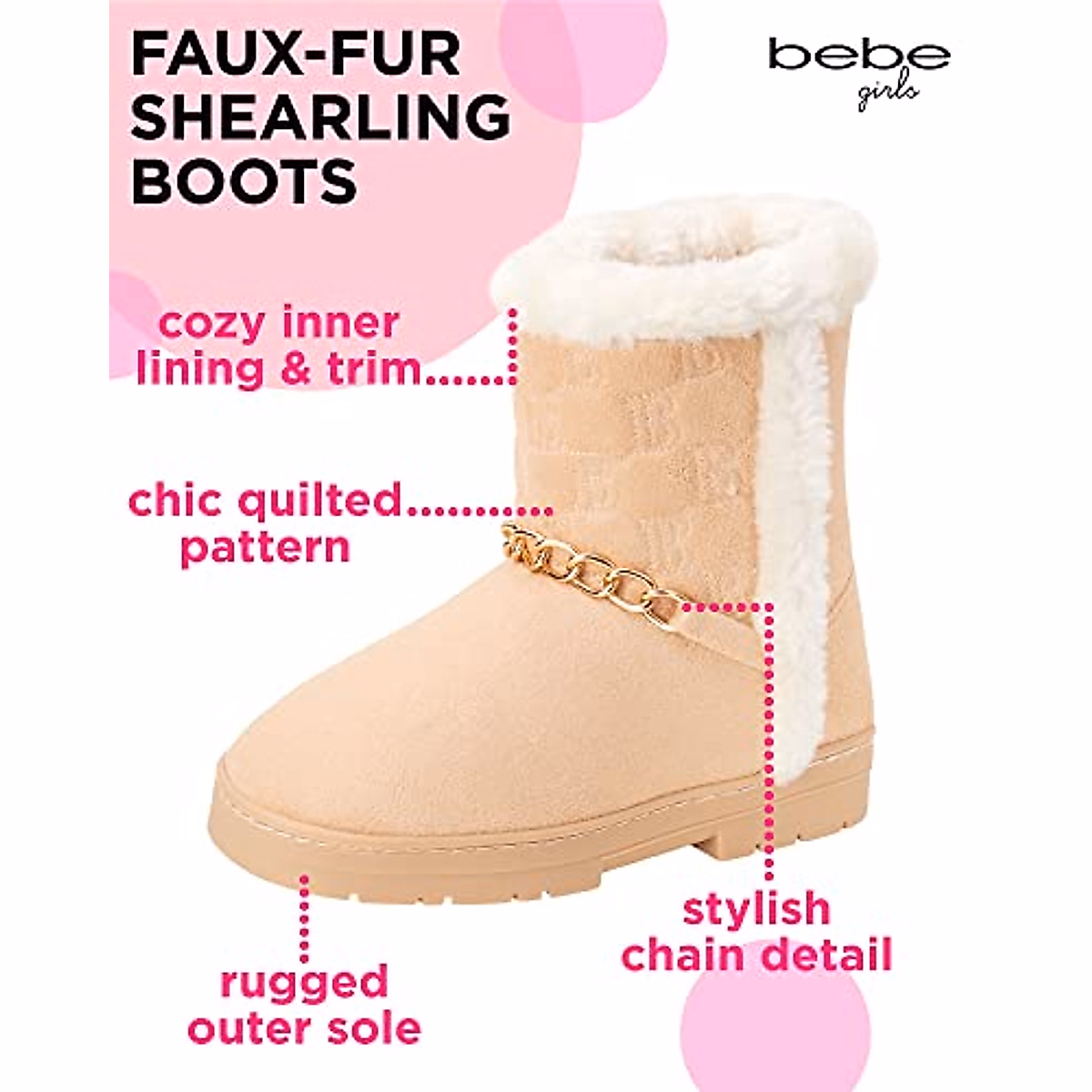 bebe Girls' Winter Boots - Quilted Faux-Fur Shearling Boots (Little Girl/Big Girl), Size 2 Little Kid, Tan