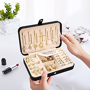 CLUDEMAS Travel Jewelry Box Case Organizer for Women Girls, PU Leather Small Jewelry Storage Boxes, Portable Display Jewellery Holder for Watch Rings Earrings Necklaces Bracelets Men Kids Gift, Black