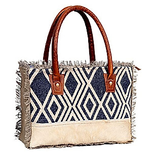 Ruzioon Upcycled Canvas Hand Bag, Upcycled Canvas & Cowhide Leather Tote Bag, Canvas Tote Bag for Women, Canvas Shoulder Bag