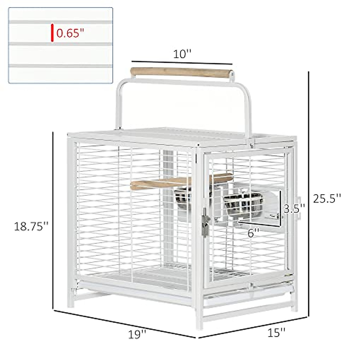 PawHut 19" Travel Bird Cage Parrot Carrier with Handle Wooden Perch for Cockatiels, Conures, White