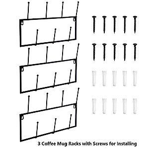 Jucoan 3 Pack Metal Coffee Mug Rack, Wall Mounted Coffee Mug Holder Cup Organizer Hanging Rack with Total 21 Cup Hangers for Home Kitchen Coffee Bar