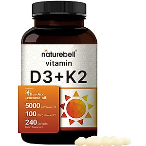 NatureBell Vitamin D3 K2 (MK7) with Virgin Coconut Oil, 240 Softgels, Vitamin D3 5000 IU & K2 MK7 100mcg, 2 in 1 Support, Duo-Ack | 8 Months Supply | Third Party Tested, Non GMO & No Gluten