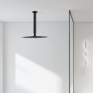 Matte Black Shower Arm with Flange 12 Inch Replacement Extension Pipe Stainless Steel Rainfall Shower Head Extender Arm, Square Shaped