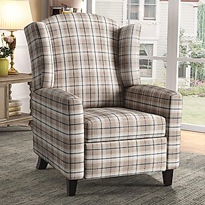 INZOY Push Back Recliner Chair, Pushback Reclining Chair with Padded Seat, Fabric Wingback Recliner for Living Room Home Theater, Plain Plaid