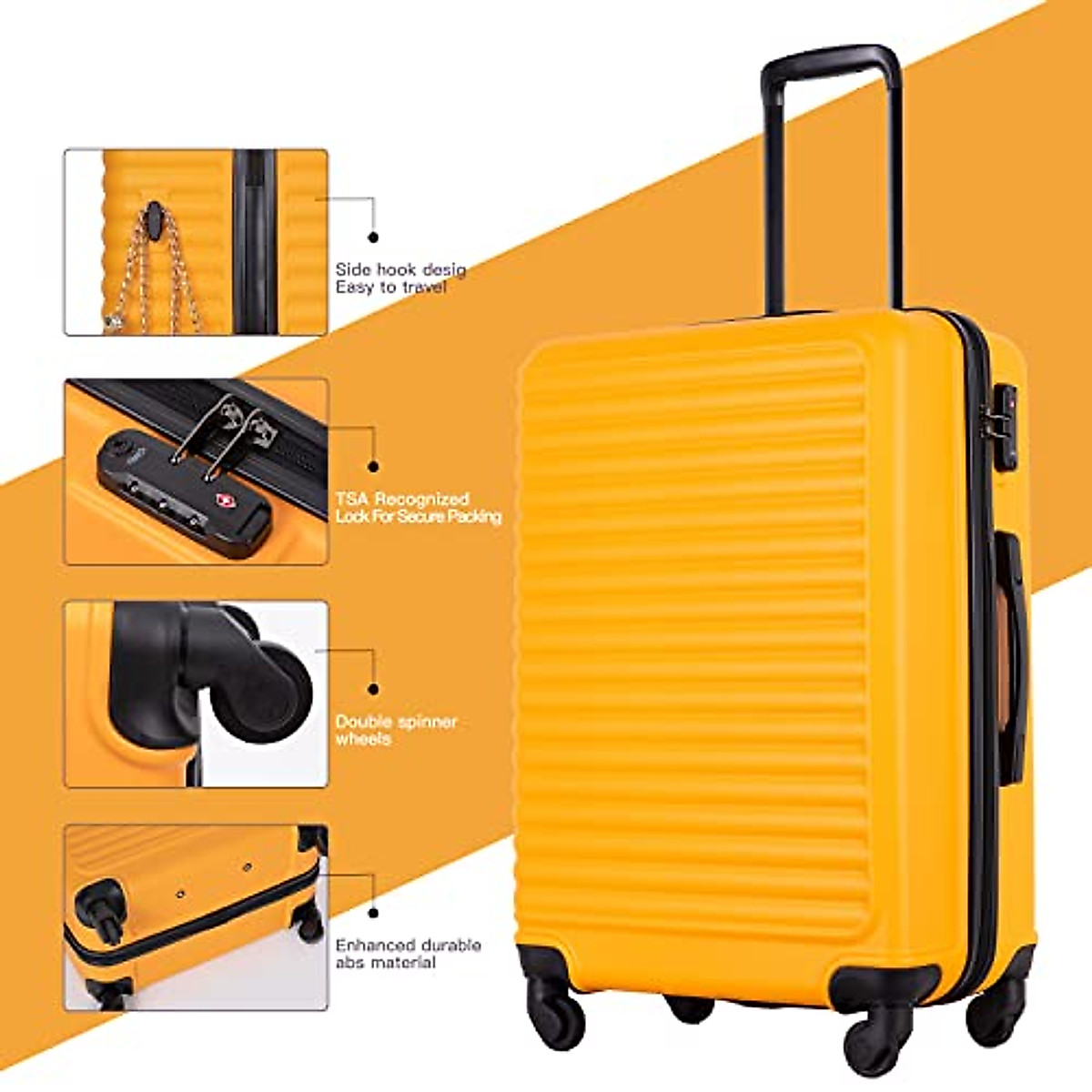 Tripcomp Luggage Sets Wear-Resistance Hardside Lightweight Suitcase Double Spinner Wheels, TSA Lock,Two Hooks, Scratch-resistant Carry-on,3 Piece Set(20inch 24inch 28inch) (Orange-085)