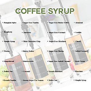 MSTCMZP 25.4 oz 750 ml Coffee Syrup Dispenser Set - 4 Black Dispensers With Pump & Labels - Glass Bottle Included - Coffee Bar Accessories