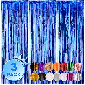 Voircoloria 3 Pack 3.3x8.2 Feet Blue Foil Fringe Backdrop Curtains, Tinsel Streamers Birthday Party Decorations, Fringe Backdrop for Graduation, Baby Shower, Gender Reveal, Disco Party