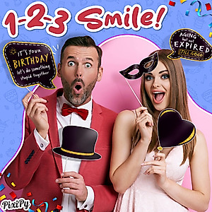 Premium Birthday Photo Booth Props Kit - 27 Pieces Black & Gold Party Decorations - Durable & Easy-to-Use Photobooth Props Signs for Memorable Photos - Party Supply Decorations - by PixiPy