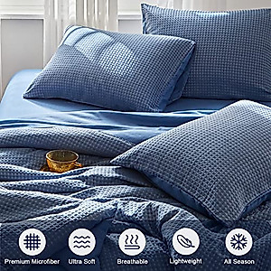 WARMDERN Blue Comforter Set Queen Size Waffle Weave Lightweight Bedding Comforter Sets Soft Microfiber Down Alternative Comforter 7 Pieces Bed in A Bag All Season(Blue, Queen)