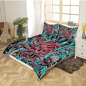 EXINBU Octopus Duvet Cover Set, Full Size Scary Red Skull Octopus Tentacle Bedding Set, Surf Mushroom Sea Monster Duvet Cover, 4 Piece with Gothic Sheet Pillowcases, Happy for Boys Girls