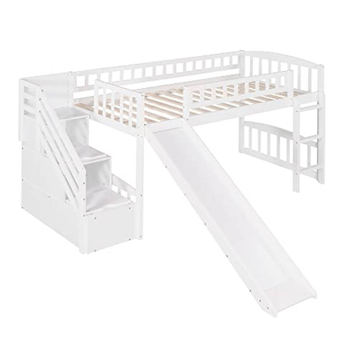 ODC Twin Size Loft Bed with 2 Drawers and Slide for Kids, Solid Wood Loft Bed Frame with Storage, Low Loft Bed with Slide, Ladder and Security Guardrail for Kids Girls Boys Teens