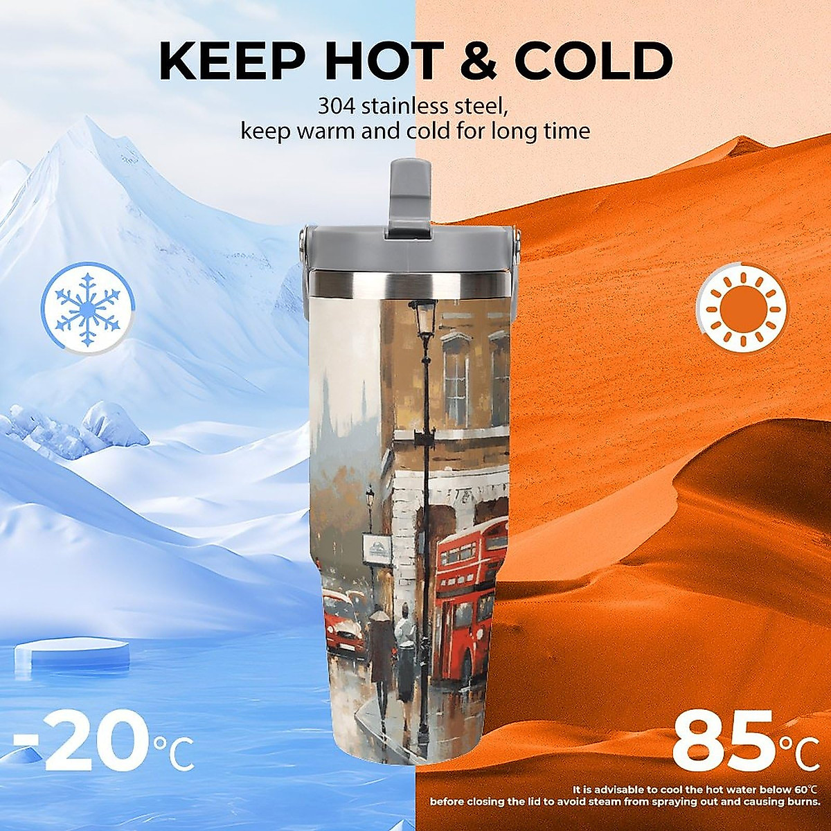 London Impression 30oz Stainless Steel Insulated Tumbler with Straw & Foldable Handle - Leakproof, Double-Wall Vacuum Travel Thermos for Hot/Cold Drinks, Non-Slip Base, Fit Cup Holders