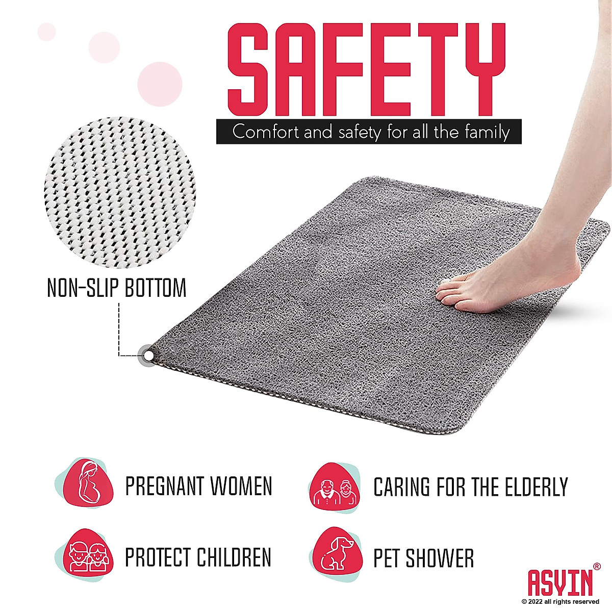 Asvin Soft Textured Bath, Shower, Tub Mat, 24x16 Inch, Phthalate Free, Non Slip Comfort Bathtub Mats with Drain, PVC Loofah Bathroom Mats for Wet Areas, Quick Drying