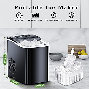 Zvoutte Portable Countertop Ice Maker Machine - Self-Cleaning Ice Makers with Ice Scoop and Basket, 9 Cubes in 8-10 mins, 26 lbs/24 Hours, for Home/Kitchen/Bar/Office/Camping (Black)