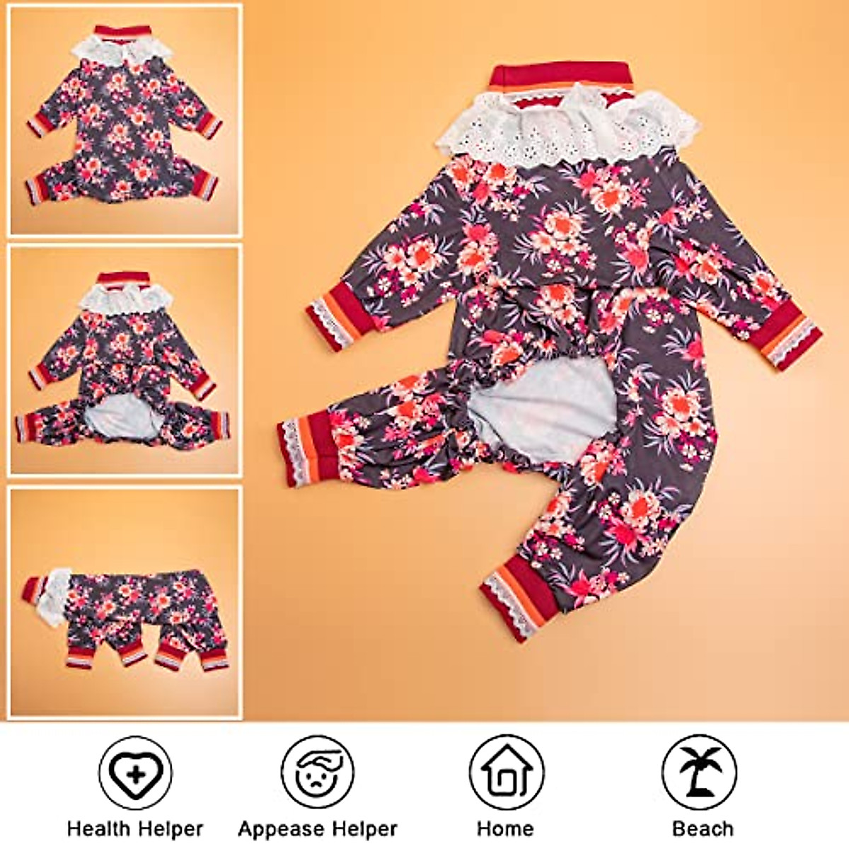 LovinPet Dog Pajamas for Large Dogs, UV & Post Operative Protection, 4 Legged High Collar Dog Onesies,Lightweight Stretchable Large Floral Plum Prints Large Dog Pajamas as Base Shirt for Dog Dresses M