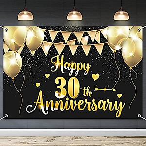HAMIGAR 6x4ft Happy 30th Anniversary Banner Backdrop - 30 Wedding Anniversary Decorations Party Supplies - Black Gold