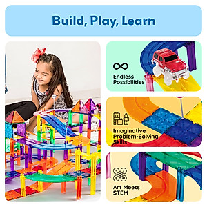PicassoTiles 128 Piece Race Car Track Building Block Educational Toy Set Magnetic Tiles Magnet Playset 3 LED Car STEM Learning Construction Kit Hand-Eye Fine Motor Skill Training Brain Development