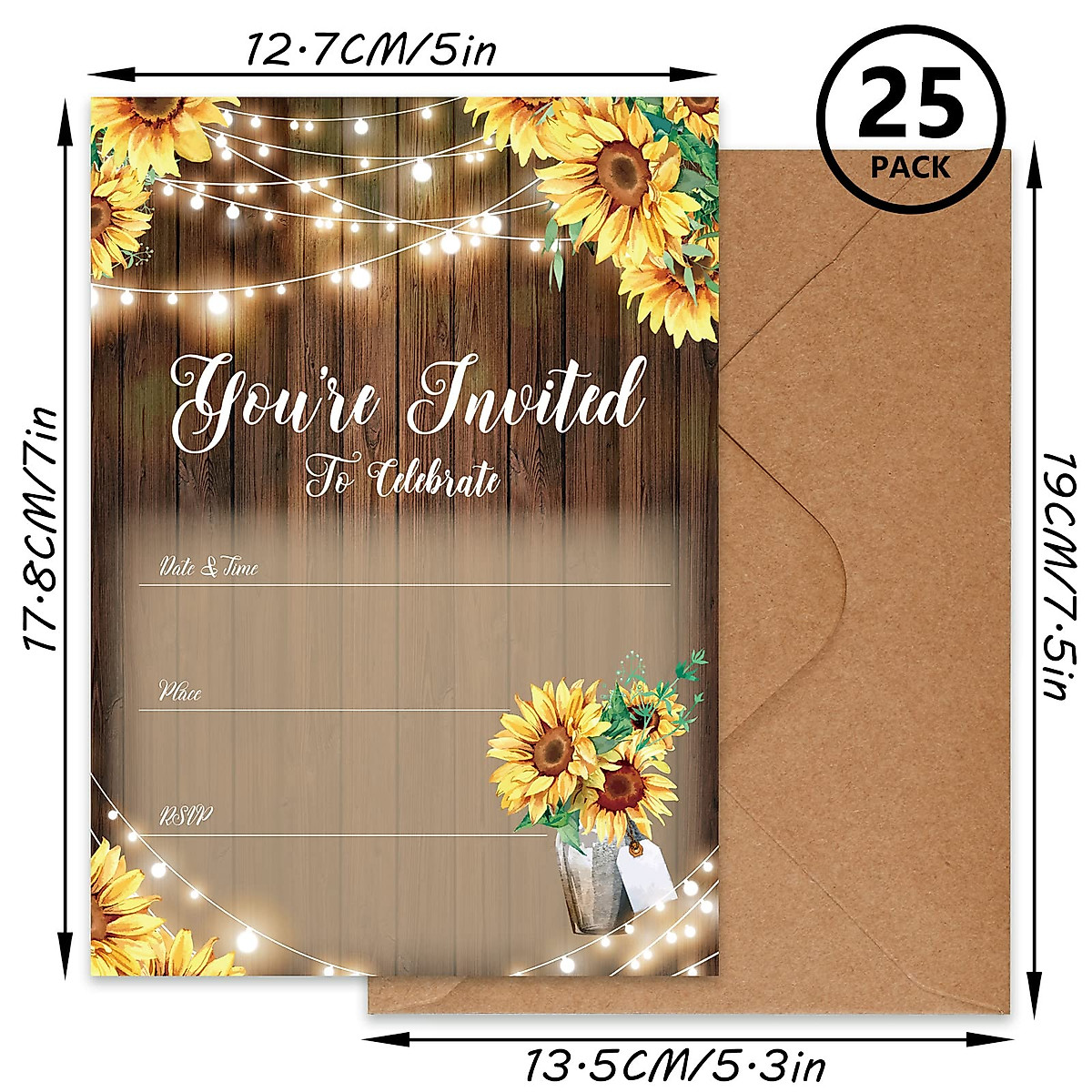 AnyDesign Rustic Sunflower Fill-in Party Invitations, 25 Sets with 25 Envelopes, Suitable for Birthday, Baby Shower, Wedding, Bridal Shower, Rehearsal Dinner, Anniversary, etc.