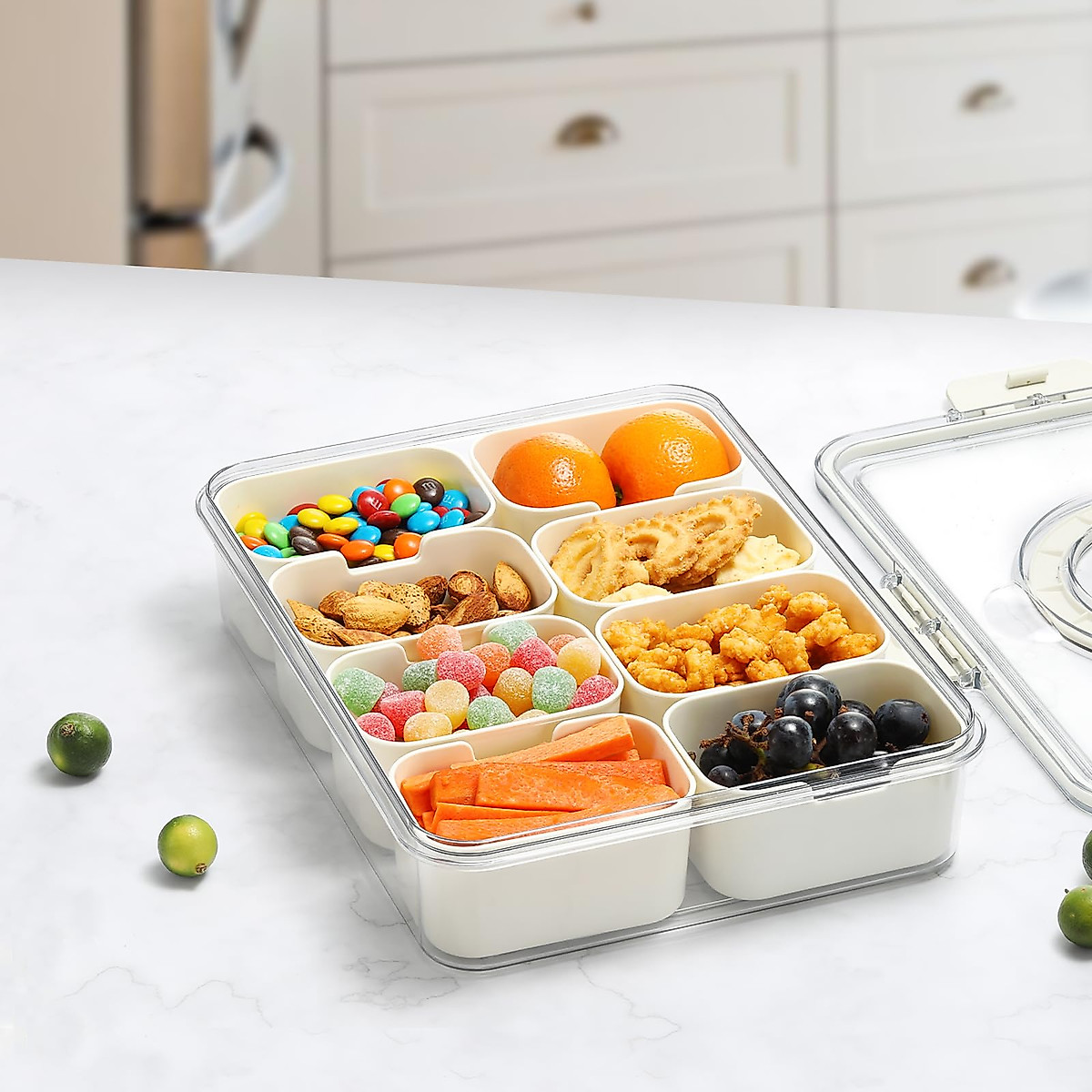Snackle Box Container with Lid and Handle - 8 Compartments Divided Serving Tray, Portable Travel Snack Charcuterie Organizer for Candy, Fruits, Veggie and Snacks