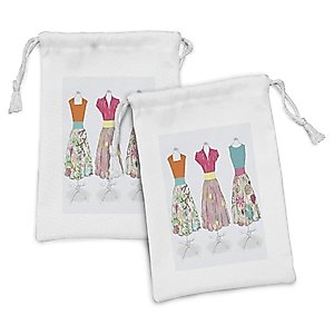 Ambesonne Vintage Woman Fabric Pouch Set of 2, Vintage 1950's Style Summer Fashion Women Dresses Exhibited on Mannequins, Small Drawstring Bag for Toiletries Masks and Favors, 9" x 6", Multicolor