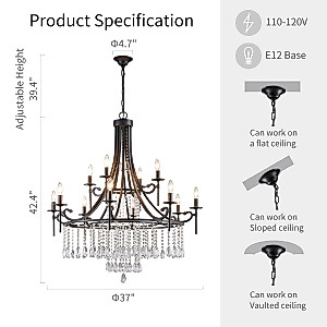 WUZUPS Candle Chandelier 12-Light Wagon Wheel Pendant Ceiling Light Modern Lighting Fixture for Bedroom Hallway Bar Kitchen Dinning Living Room Bathroom, Black, E12 Base, 37" Wide 42.4" High