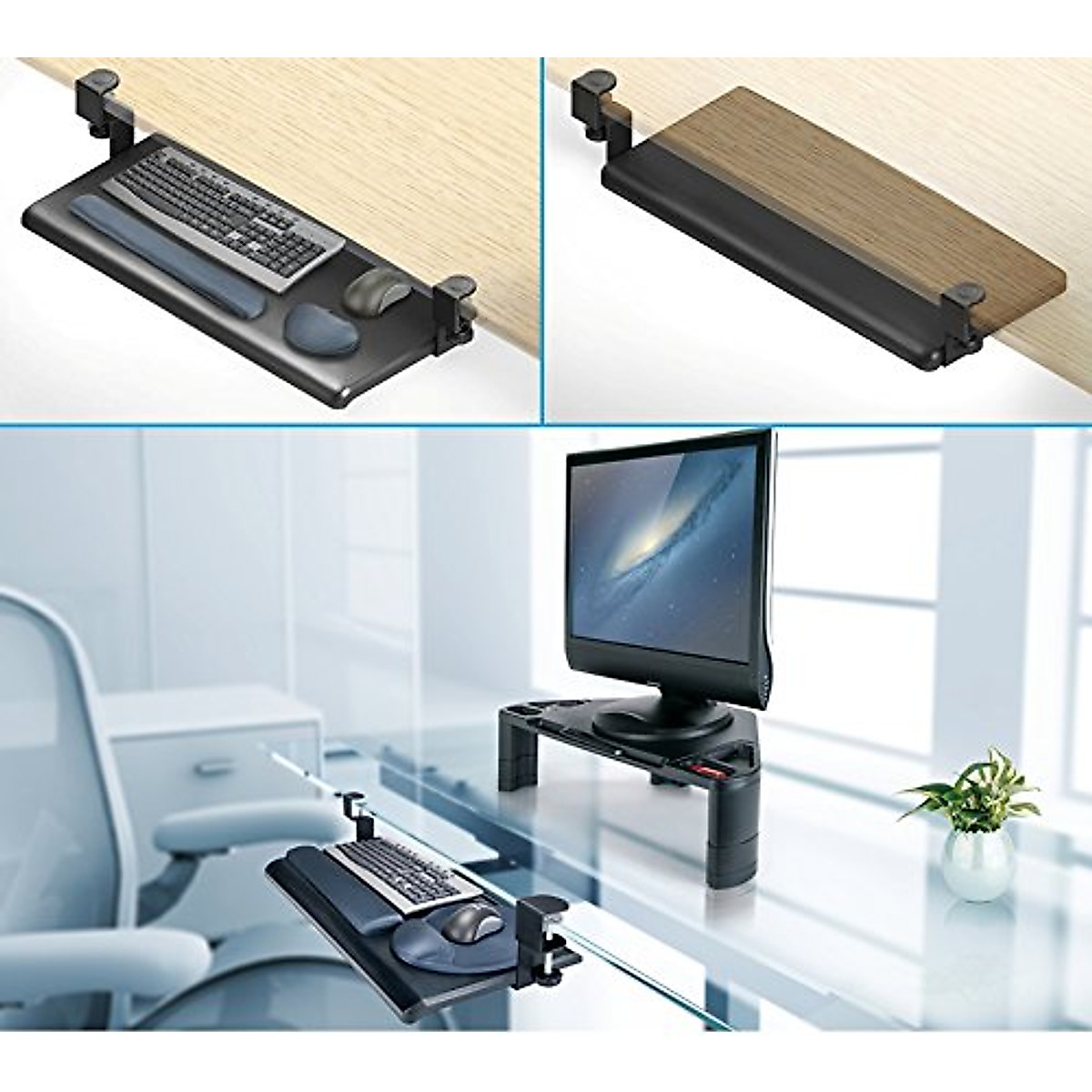 Aidata KB-1010 Desk-Clamp Keyboard Tray, Black, Easy to Install on Any Work Surface, Sturdy Metal Clamp Fits Onto Desks up to 40mm, Impact-resistant Tray Fits Standard Keyboards