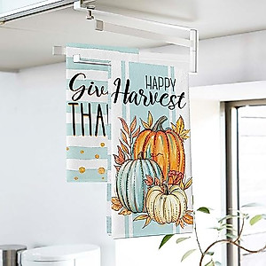 Seliem Thanksgiving Give Thanks Fall Kitchen Dish Towels Set of 2, Happy Harvest Autumn Pumpkin Hand Towels Drying Baking Cooking Cloth, Maple Leaves Stripes Farmhouse Home Kitchen Decor 18x26 Inch