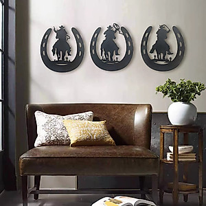 WAIU horseshoe metal wall art décor with cowboy, western rustic style horse shoes decoration hanging for bedroom living room bathroom, country decor for the home indoor outdoor,matte black