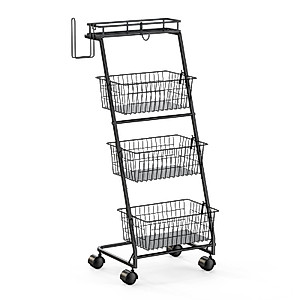 Auledio 4-Tier Fruit Vegetables Basket Bowl Rolling Storage Cart With Banana Hanger Paper Towels Holder , Black