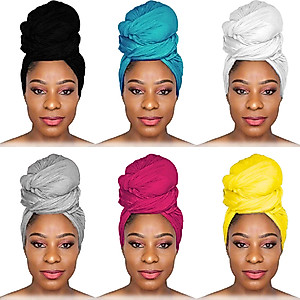 6 Pieces Head Wraps Scarf Long Turban Stretch Jersey Ultra Soft Urban Knit Hair Scarfs Solid Color African Headbands Tie Breathable Headwrap Fashion Shawls for Women