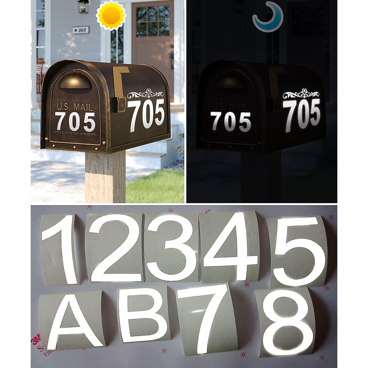 Mailbox Numbers, Reflective Mailbox Numbers for Outside (6 Sets), Waterproof House Numbers for Mailbox, White Number Mailbox Stickers Self-Adhesive for Signs, Home, Door, Window, Address Number (0-9)