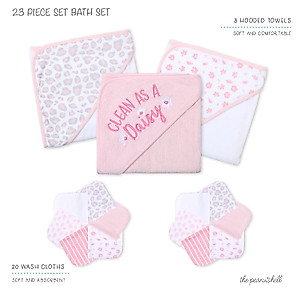 The Peanutshell Hooded Bath Towel and Wash Cloth Set for Baby Girls - 23 Piece Gift Set - Pink Floral & Cheetah Print