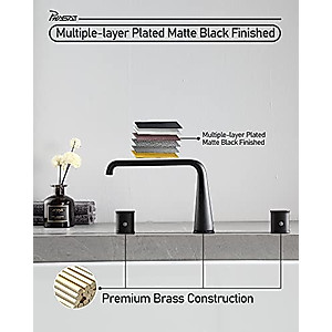 PHASAT Black Waterfall Bathtub Faucet,Bathroom Roman Tub Faucet,3 Holes 2 Handles Deck Mount Bath Tub Filler with High Flow Widespread Spout,Matte Black,PU5H01