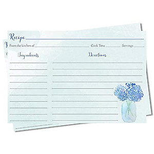 Recipe Cards 4x6 Double Sided 24 Count Hydrangea Mason Jar Blue Bridal Shower Gift Floral Wedding Gift Housewarming (24 Count)